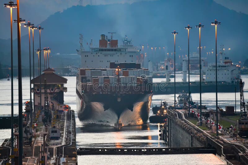 Container Cargo Ship in the Panama Canal Near the Miraflores Locks ...
