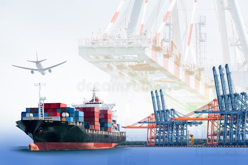 Container Cargo Ship and Cargo Plane with Port Crane Bridge in Harbor ...
