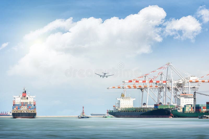 Container Cargo Ship and Cargo Plane with Port Crane Bridge in Harbor ...