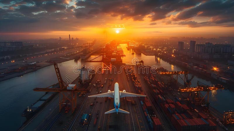 Container Cargo Ship and Plane in Shipyard at Sunrise Logistic ...