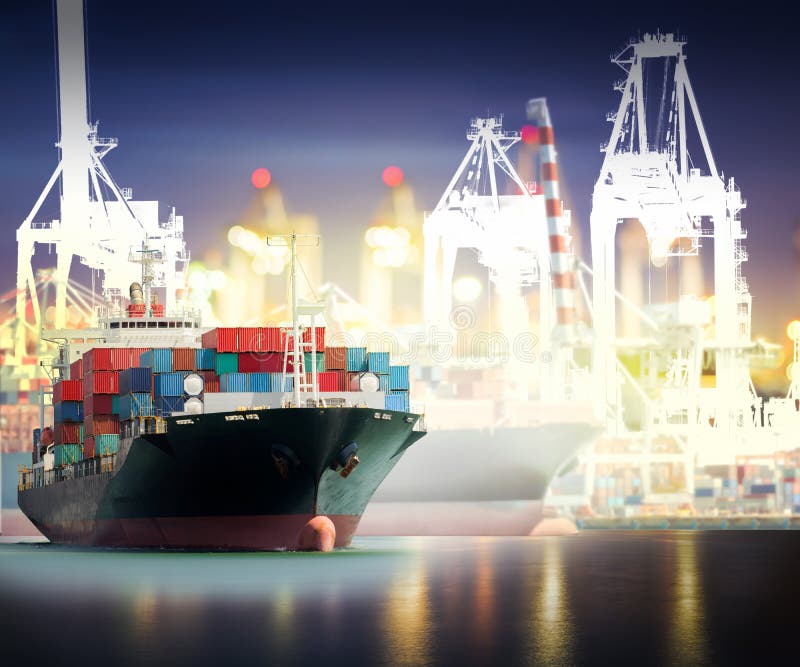 Container Cargo Ship with Ports Crane Bridge in Harbor and Cargo Plane ...