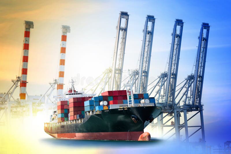 Container Cargo Ship with Ports Crane Bridge in Harbor Stock Image ...