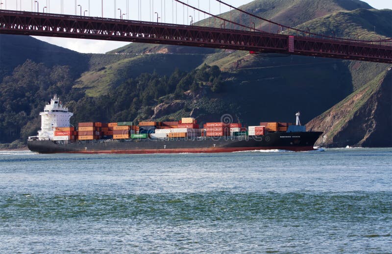 Container Cargo Ship Sailing in Under Golden Gate Bridge Editorial ...