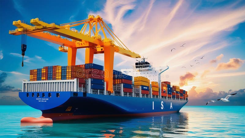 A Container Cargo Ship, with a Vibrant Orange and Yellow Cargo Crane ...