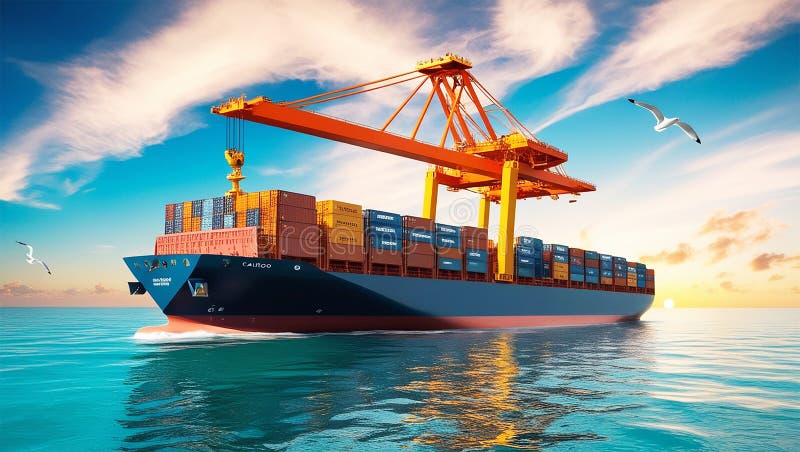 A Container Cargo Ship, with a Vibrant Orange and Yellow Cargo Crane ...