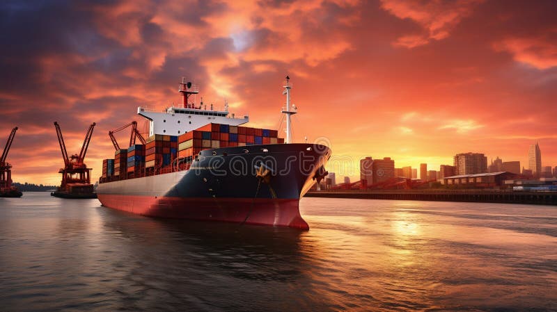 Container Cargo Ship with Working Crane Bridge in Shipyard, Sunset ...