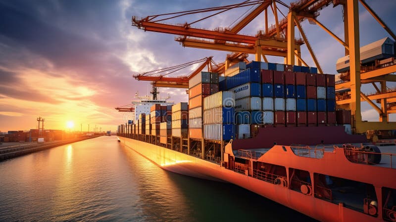 Container Cargo Ship with Working Crane Bridge in Shipyard, Sunset ...