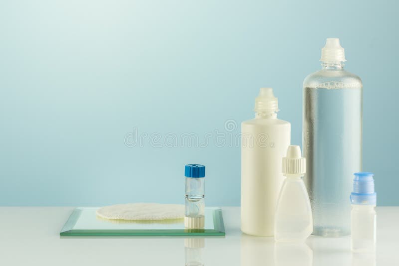 Container with Contact Lenses, Eye Drops and Bottles with Clean ...