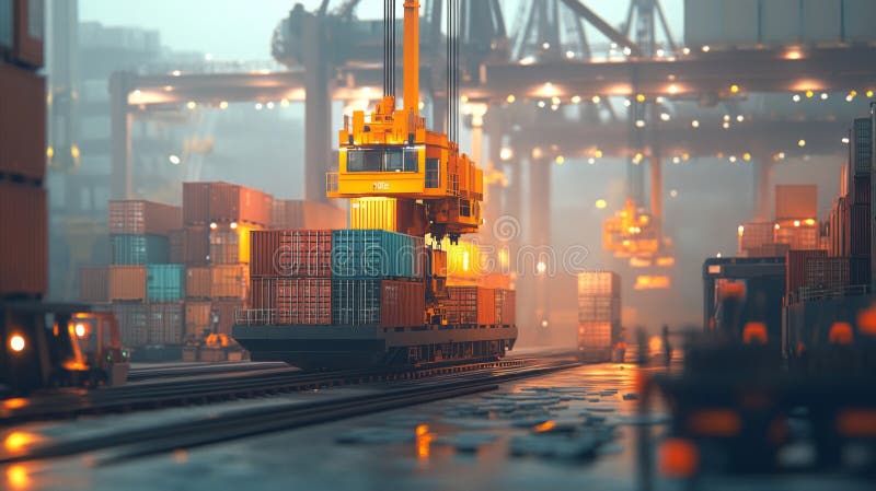 Container Crane Lifting Cargo at Busy Port Stock Illustration ...