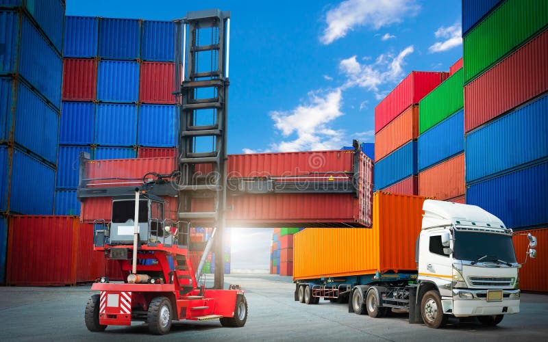 Container Crane Tractor Unloading Container Box with Trailer Truck ...