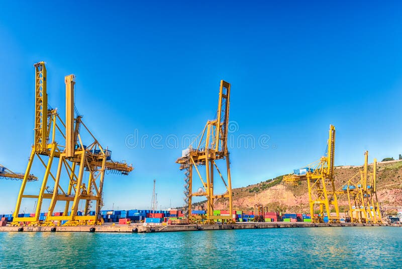 Container Cranes at the Commercial Port of Barcelona, Catalonia, Spain ...