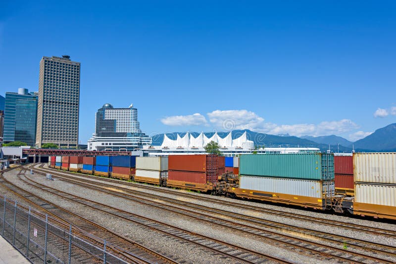 Container Double Cargo Train Going Via Downtown of Vancouver Stock ...