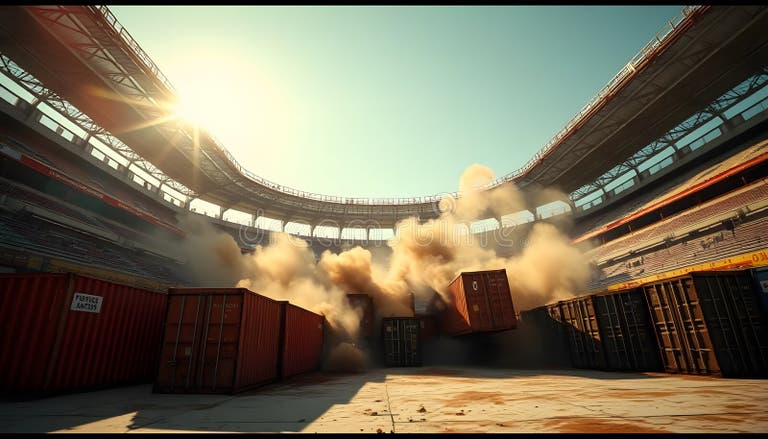 Container Explosion in Stadium with Dust and Bright Sunlight Stock ...