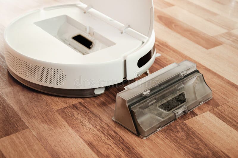 Container Filled with Trash and Dust after Cleaning Next To Robot ...