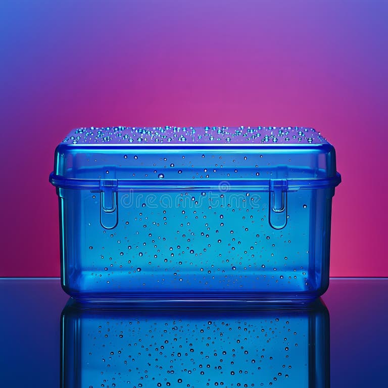 Container Filled with Water Droplets and Blue Plastic Storage Container ...