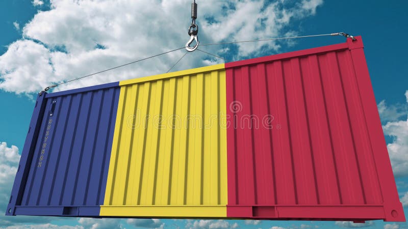 Container with Flag of Romania. Romanian Import or Export Related ...