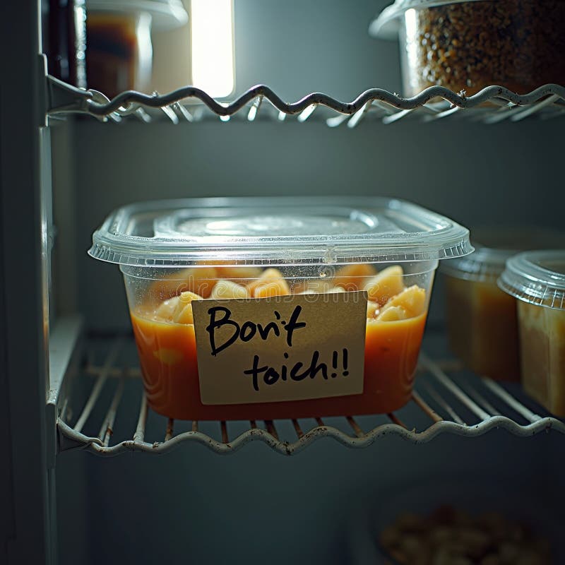Container of Food in Fridge with Do Not Touch Warning in Kitchen ...