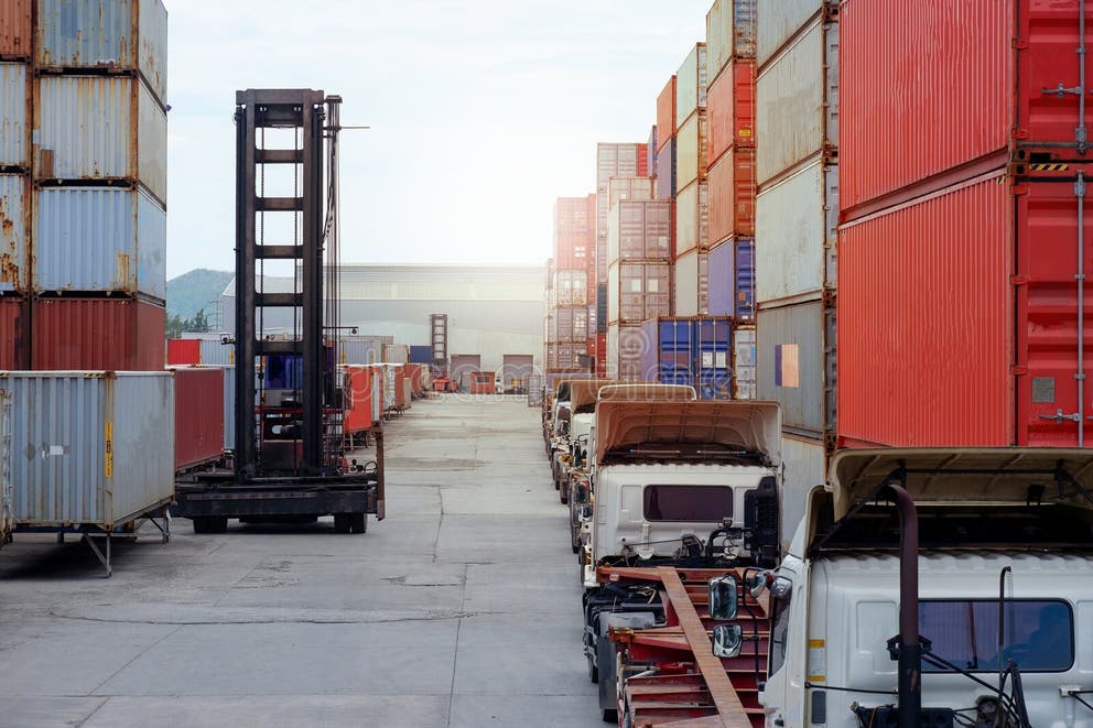 Container Forklift Truck and Container Yard View Stock Image - Image of ...