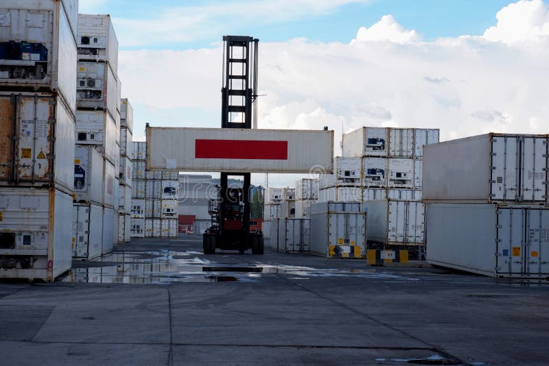 Container Forklift in the Container Yard Stock Image - Image of heavy ...