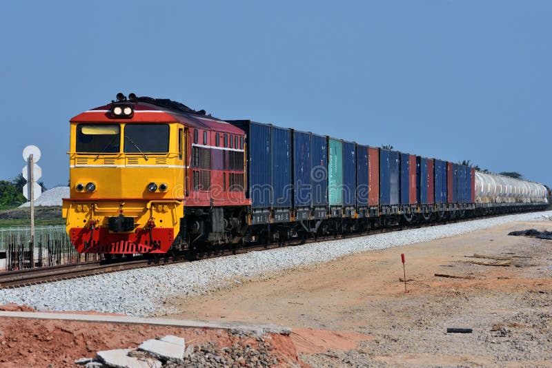Container-freight Train on the Railway Stock Image - Image of side ...