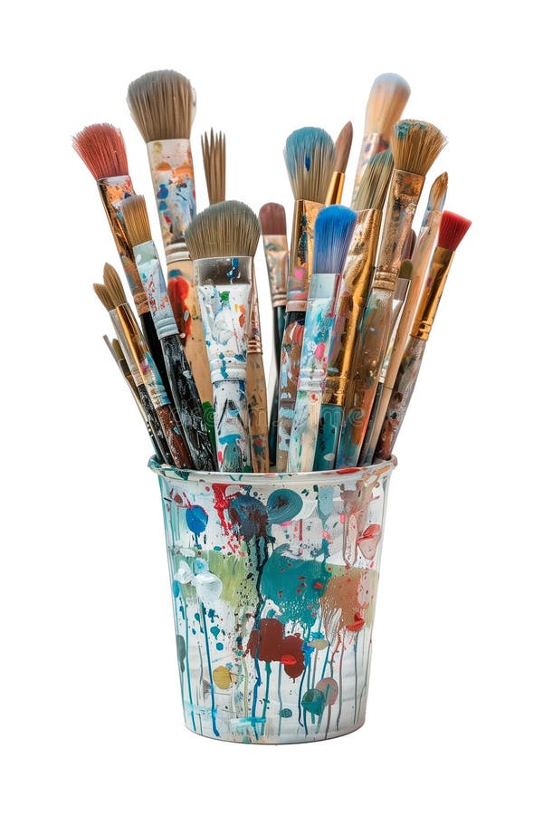 A Container Full of Brushes of Different Sizes and Shapes, All Stained ...