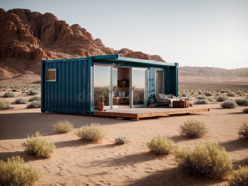Container House in Desert Landscape: Small Home Design, 3D Illustration ...