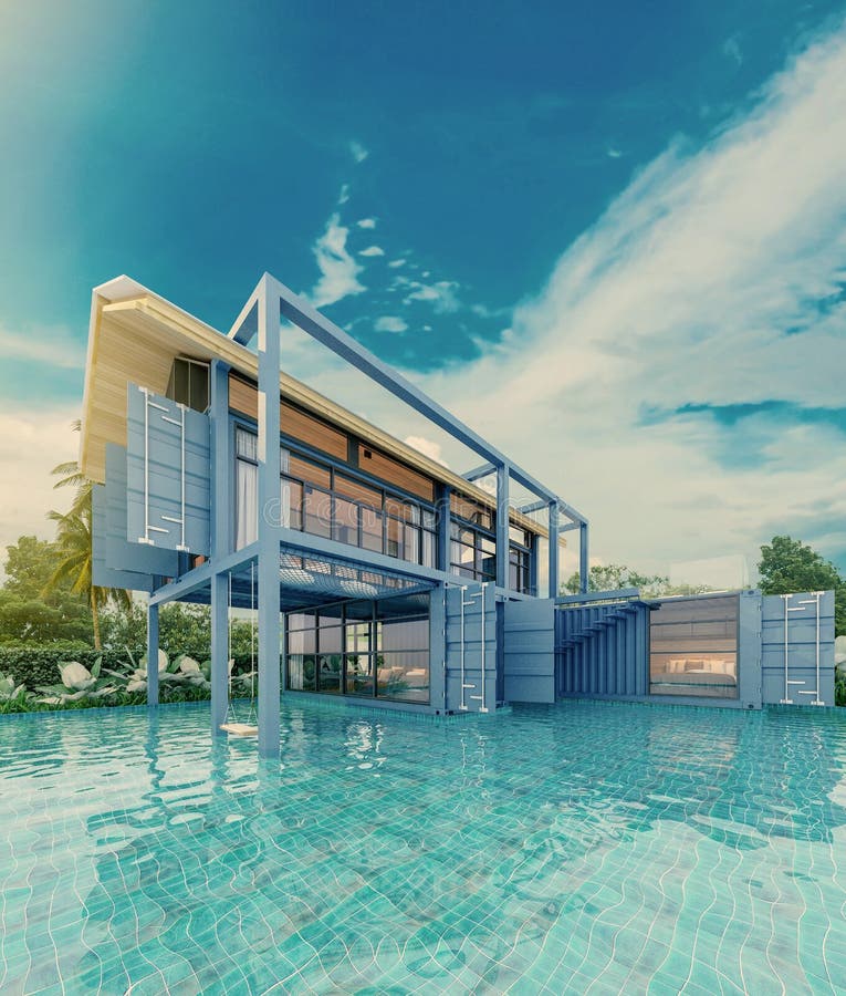 Container house with pool stock illustration. Illustration of ...