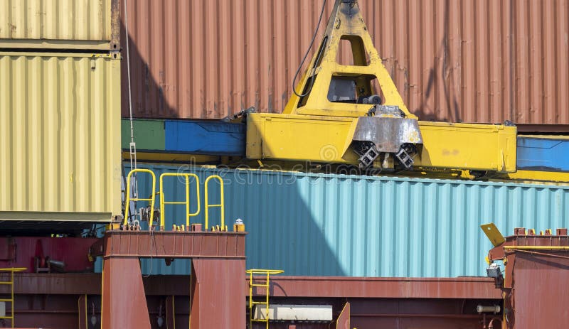 Container Loading in a Cargo Freight Ship with Industrial Crane ...