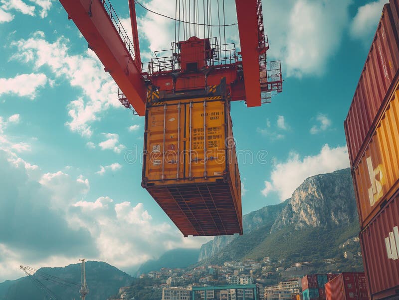 Container Loading in a Cargo Freight Ship with Port Crane Stock Photo ...