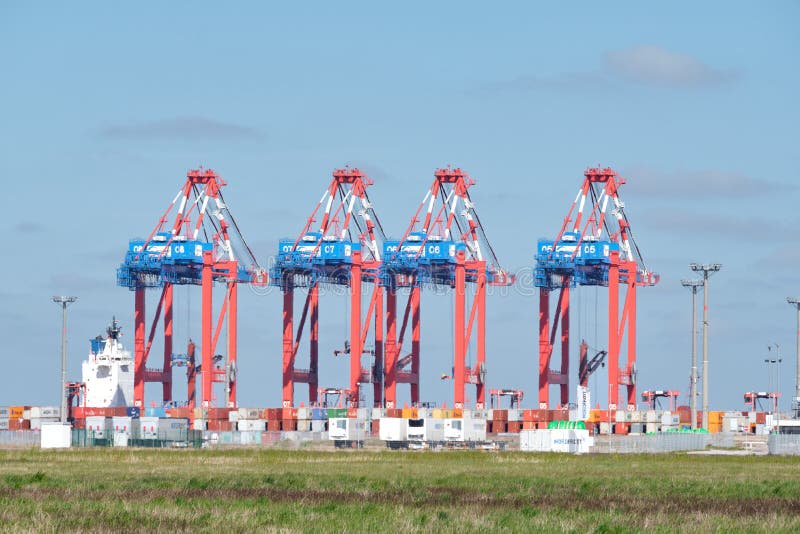 Container Loading Cranes in an Industrial Cargo Port, Wilhelmshaven ...