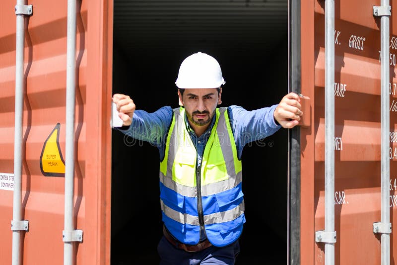 Container Logistic Operators Workers Wearing Yellow Helmets and ...