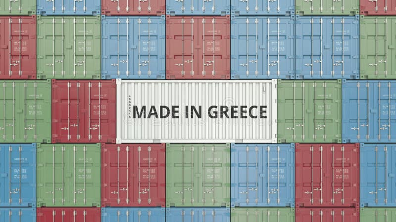 Container with MADE in GREECE Text. Greek Import or Export Related 3D ...