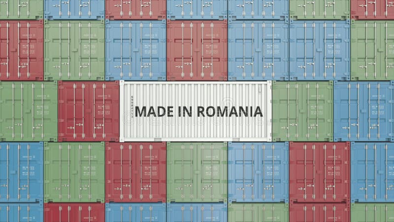 Container with MADE in ROMANIA Text. Romanian Import or Export Related ...