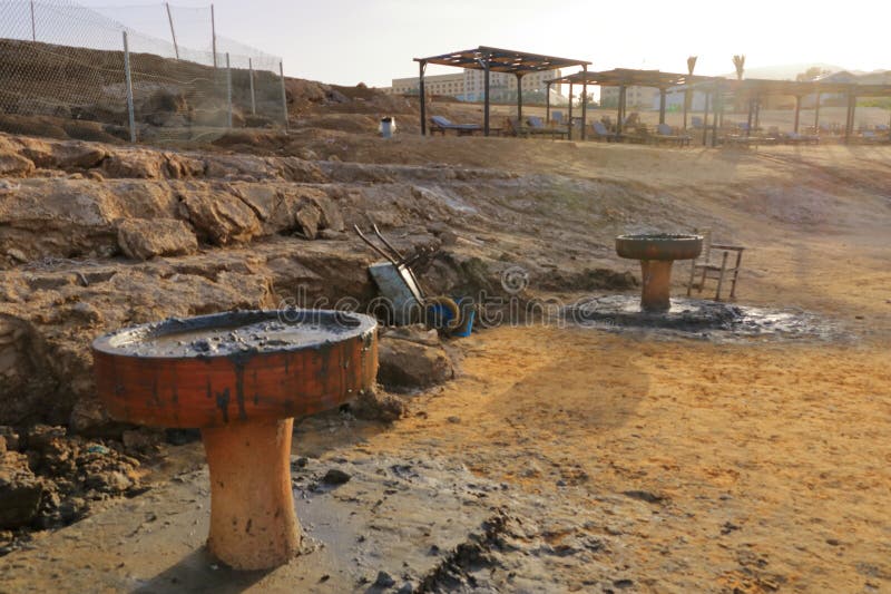 Container with Mud at the Beach of the Dead Sea in Jordan Stock Image ...