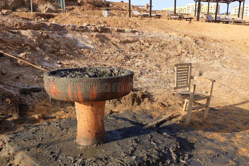 Container with Mud at the Beach of the Dead Sea in Jordan Stock Image ...
