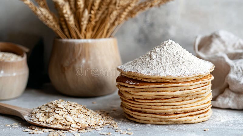 A Container of Oat Flour Displayed beside a Stack of Freshly Baked ...