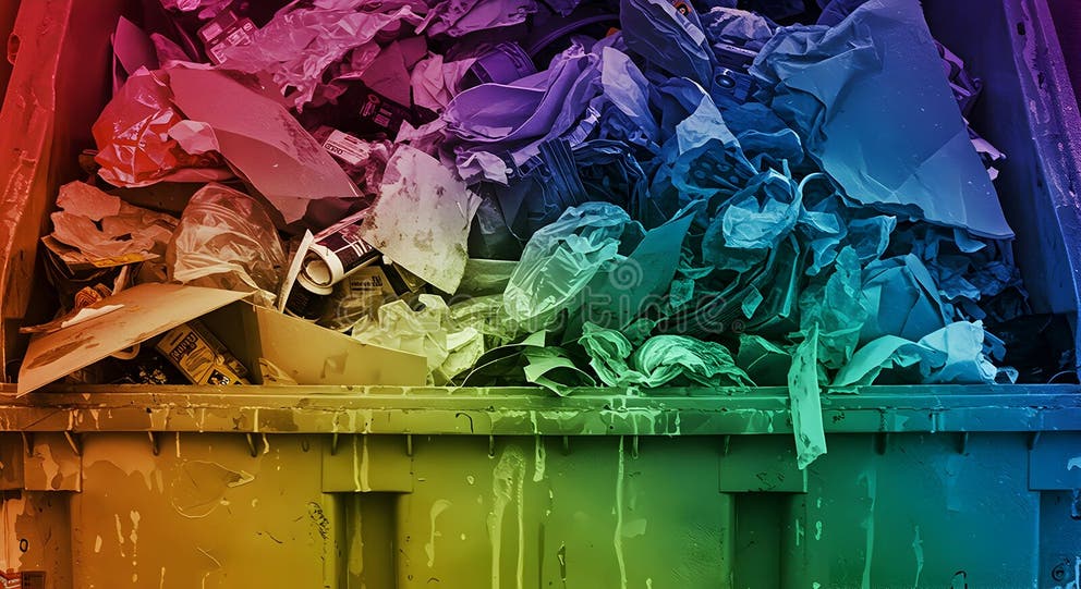 Container Overflowing with Assorted Trash and Colorful Light Gradient ...