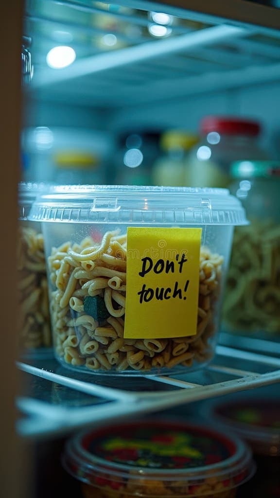 Container of Pasta in Refrigerator with Sticky Note Warning Don T Touch ...