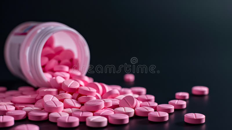 Container of Pink Pills is Spilled on a Black Surface Stock Photo ...