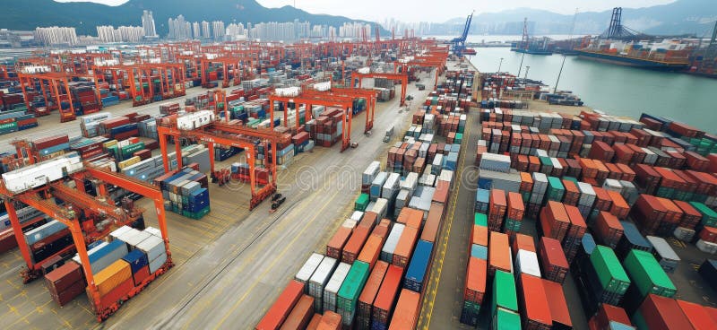 Container Port Bustling with Activity, Showcasing Rows of Shipping ...