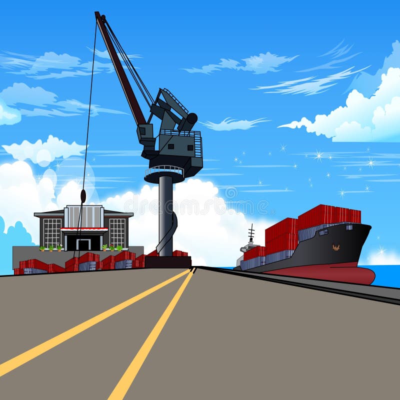 Container Port Crane and Ship in Harbour Vector Stock Illustration ...