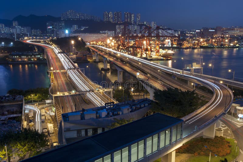 Container port and highway stock photo. Image of hong - 25931170