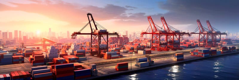 Container Port with Rows of Stacked Containers, Cranes, and Cargo Ships ...