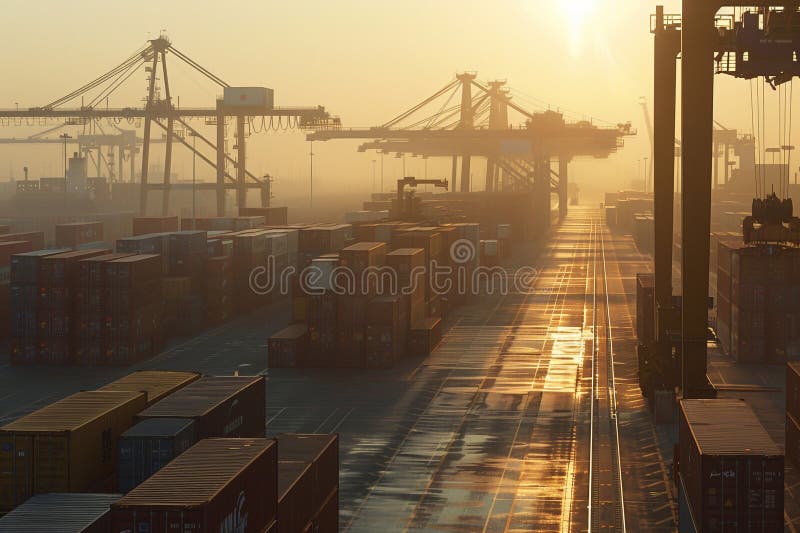 Container Port at Sunrise stock illustration. Illustration of ...