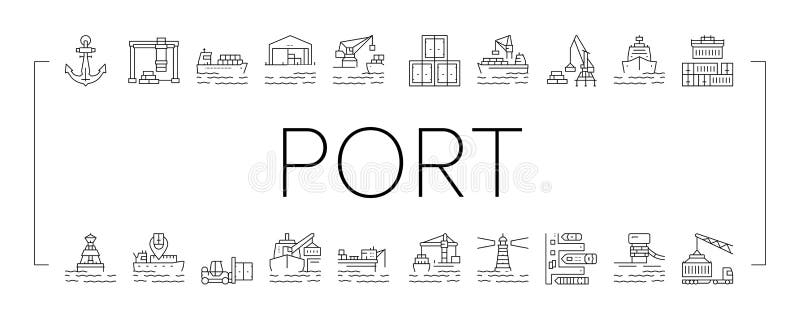 Container Port Tool Collection Icons Set Vector . Stock Vector ...