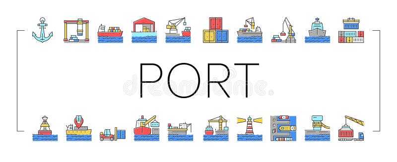 Container Port Tool Collection Icons Set Vector . Stock Vector ...