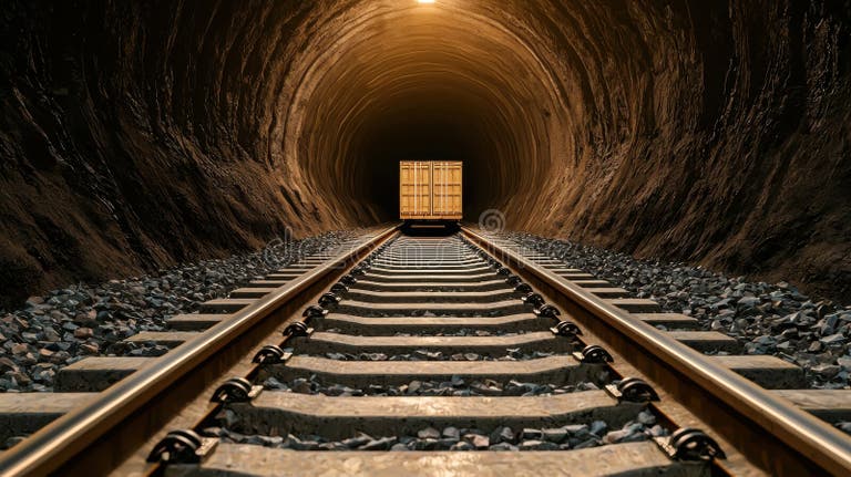 Container on Railway Tracks Inside Dark Tunnel with Bright Light at End ...