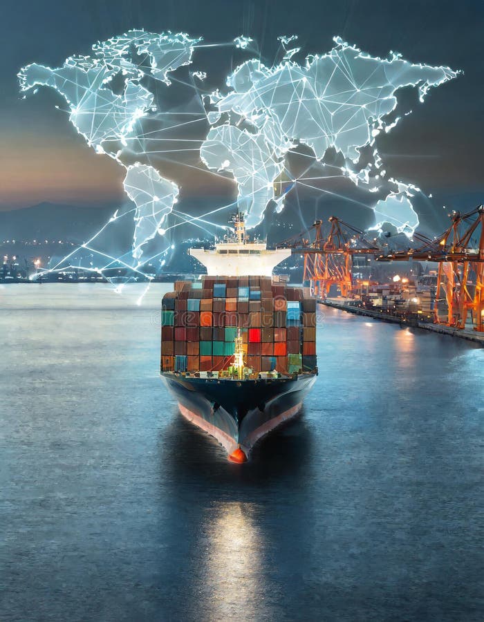 Container Ship in a Background of the World Map. the World Supply ...