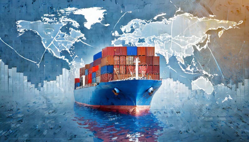 Container Ship in a Background of the World Map. the World Supply ...