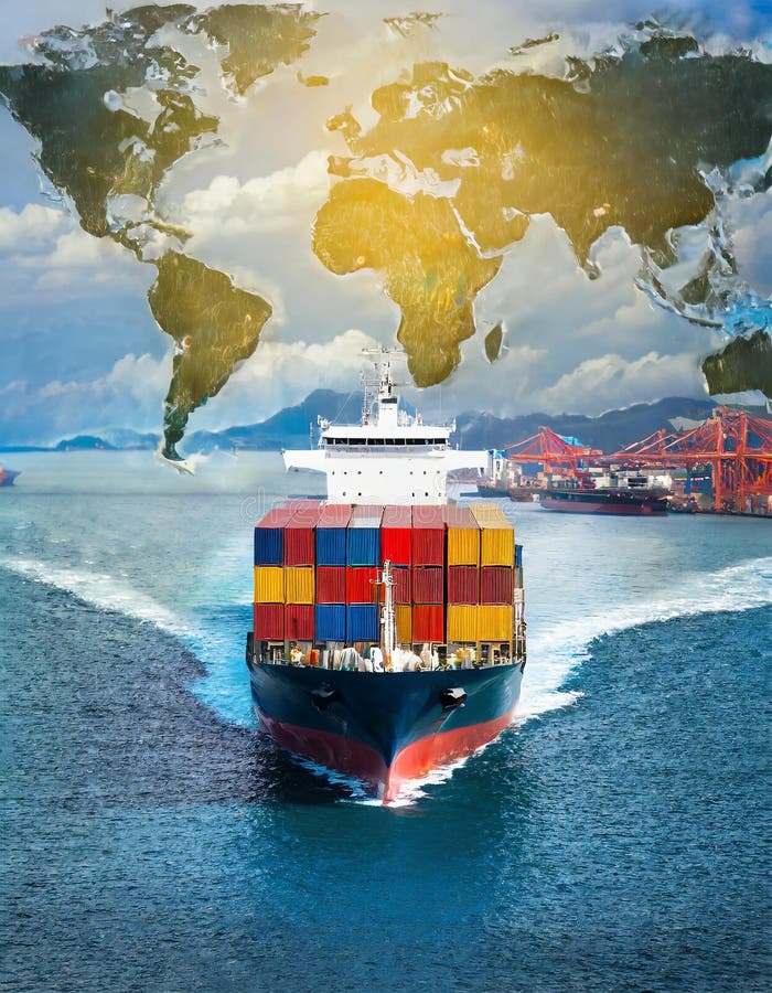 Container Ship in a Background of the World Map. the World Supply ...